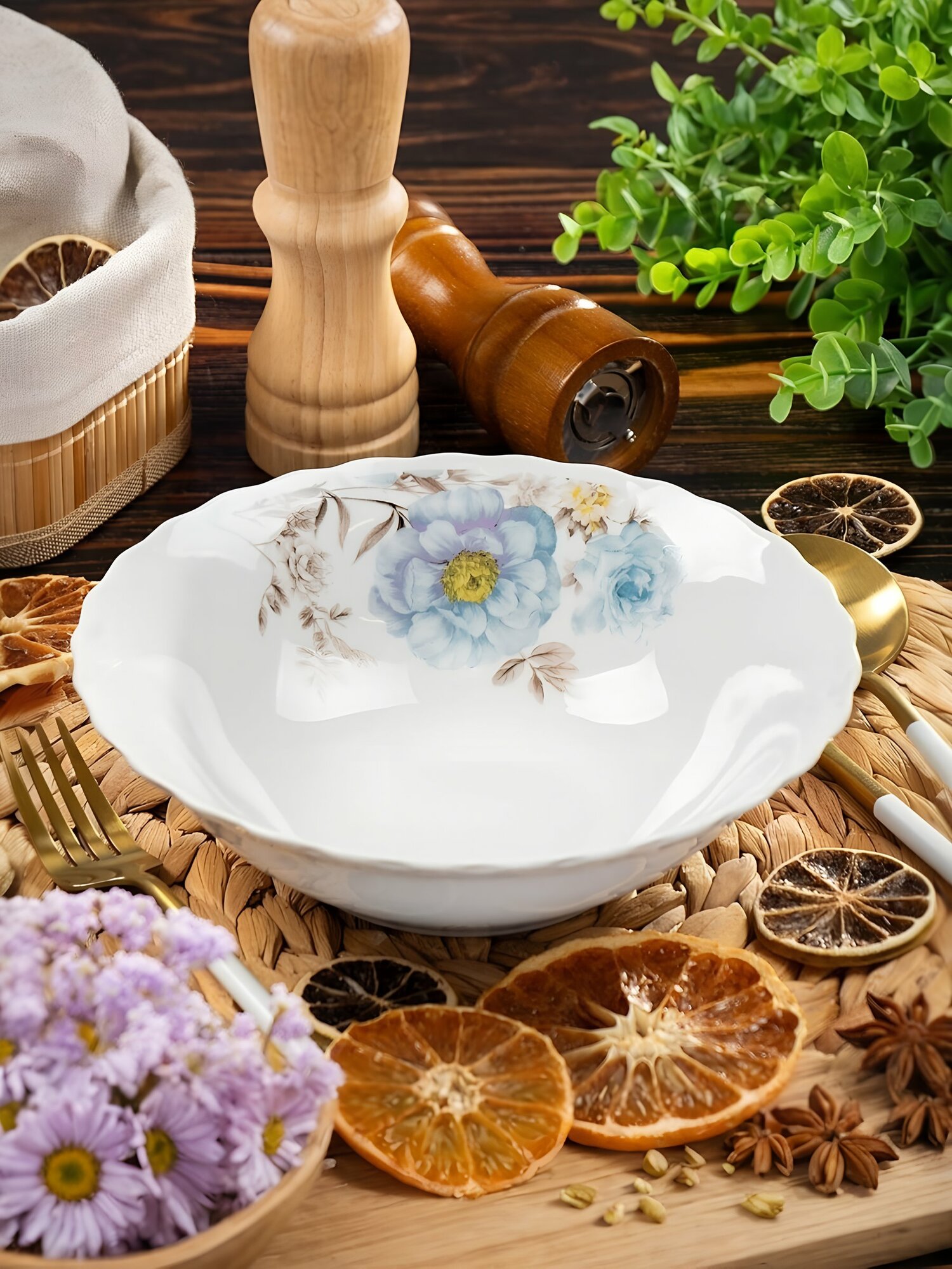 Салатник керамический Daniks Флорина, круглый, 20 см, 0.9 л, белый с цветочным рисунком для сервировки стола и кухни