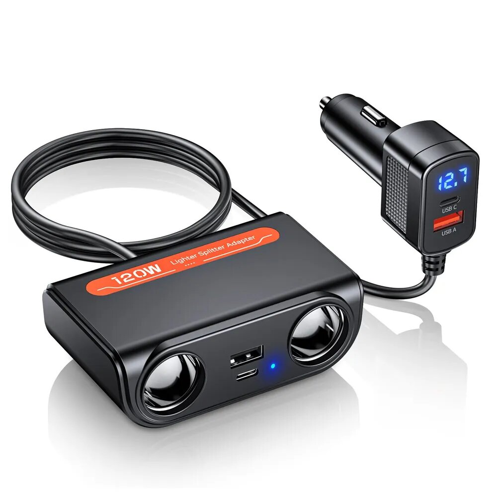 Разветвитель прикуривателя 2-в-1, 4USB + 2 розетки, 120W, с вольтметром, PD/QC3.0, для автомобиля