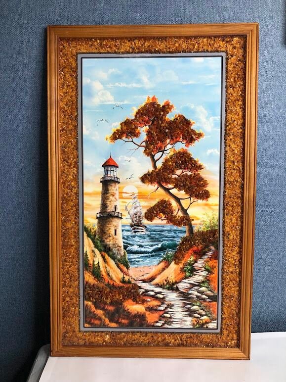 Картина винтажная с янтарём в рамке "маяк любви", 30*49см, двп, янтарь, смола