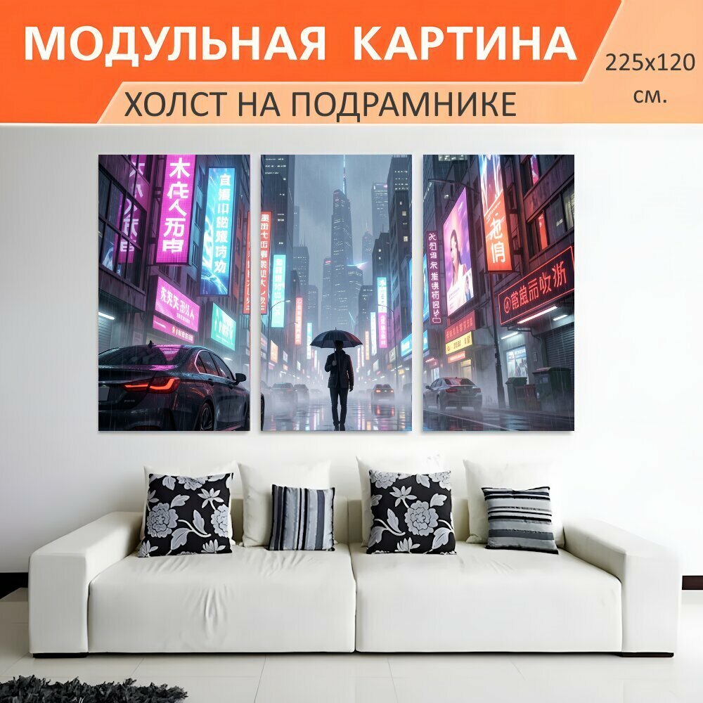 Модульная картина на холсте "Неоновый город в дождь. Современная ночная улица мегаполиса под ливнем: высокие небоскрёбы, яркие." триптих на подрамнике 225х120 см. для интерьера