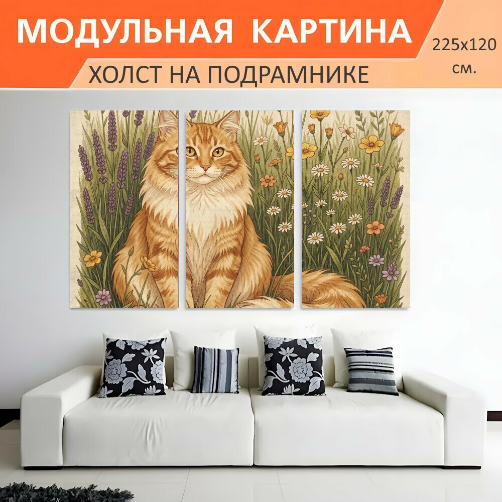 Модульная картина на холсте "Рыжий кот среди луговых цветов. Уютная иллюстрация с пушистым полосатым питомцем на фоне полевых трав." триптих на подрамнике 225х120 см. для интерьера
