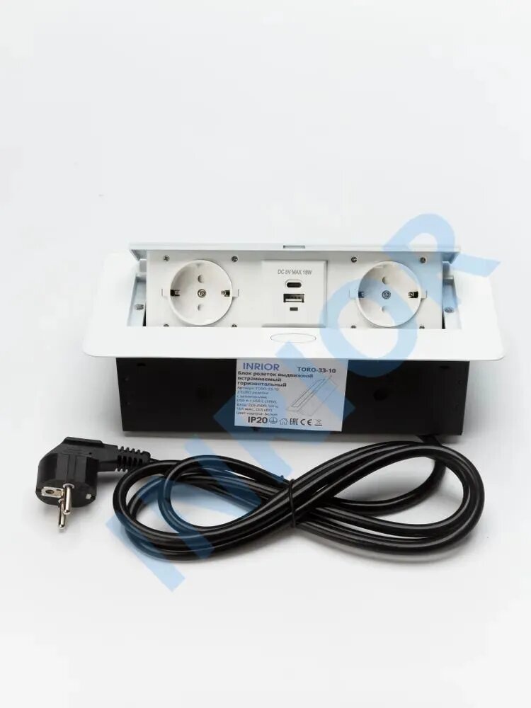 Выдвижная розетка TORO-33-10Блок, 2 Евро+2 USB (A+C) 18W, белый, металл, скрытый монтаж — фото 1