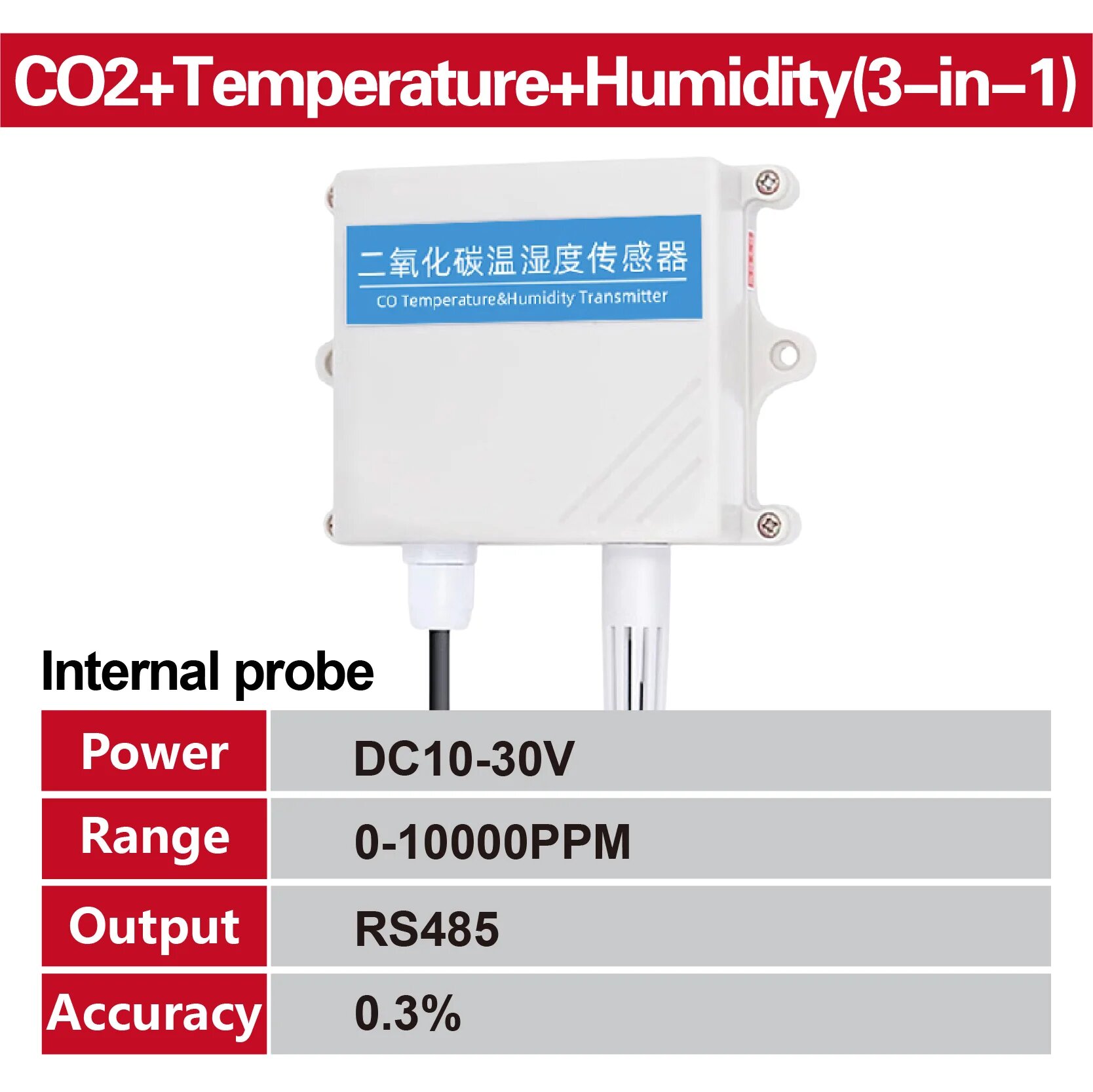 Датчик CO2, температуры, влажности 3-в-1 RS485, 0-10000ppm