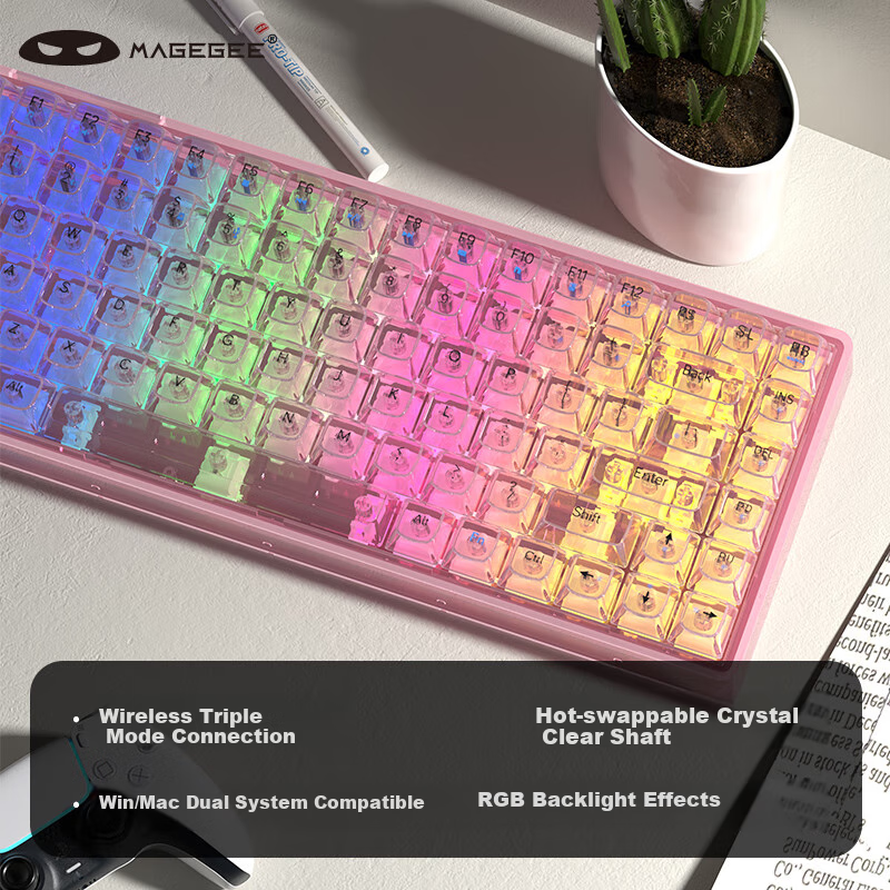 MageGee 84-клавишная беспроводная Bluetooth механическая клавиатура с розовыми кристаллическими переключателями