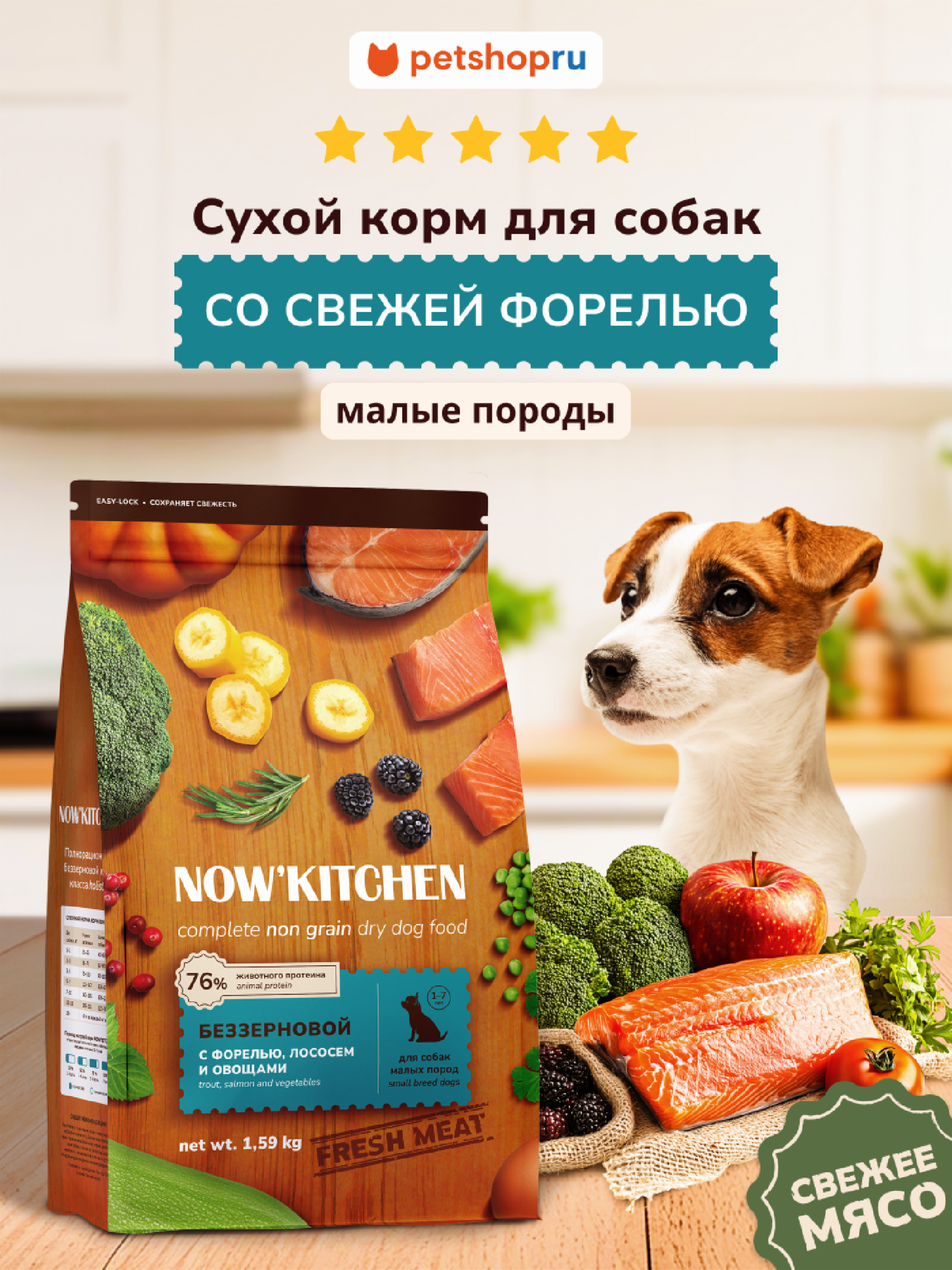 NOW'KITCHEN беззерновой сухой корм для взрослых собак мелких пород со свежей форелью, лососем, mini adult grain-free, fresh trout, salmon, 5,44 кг