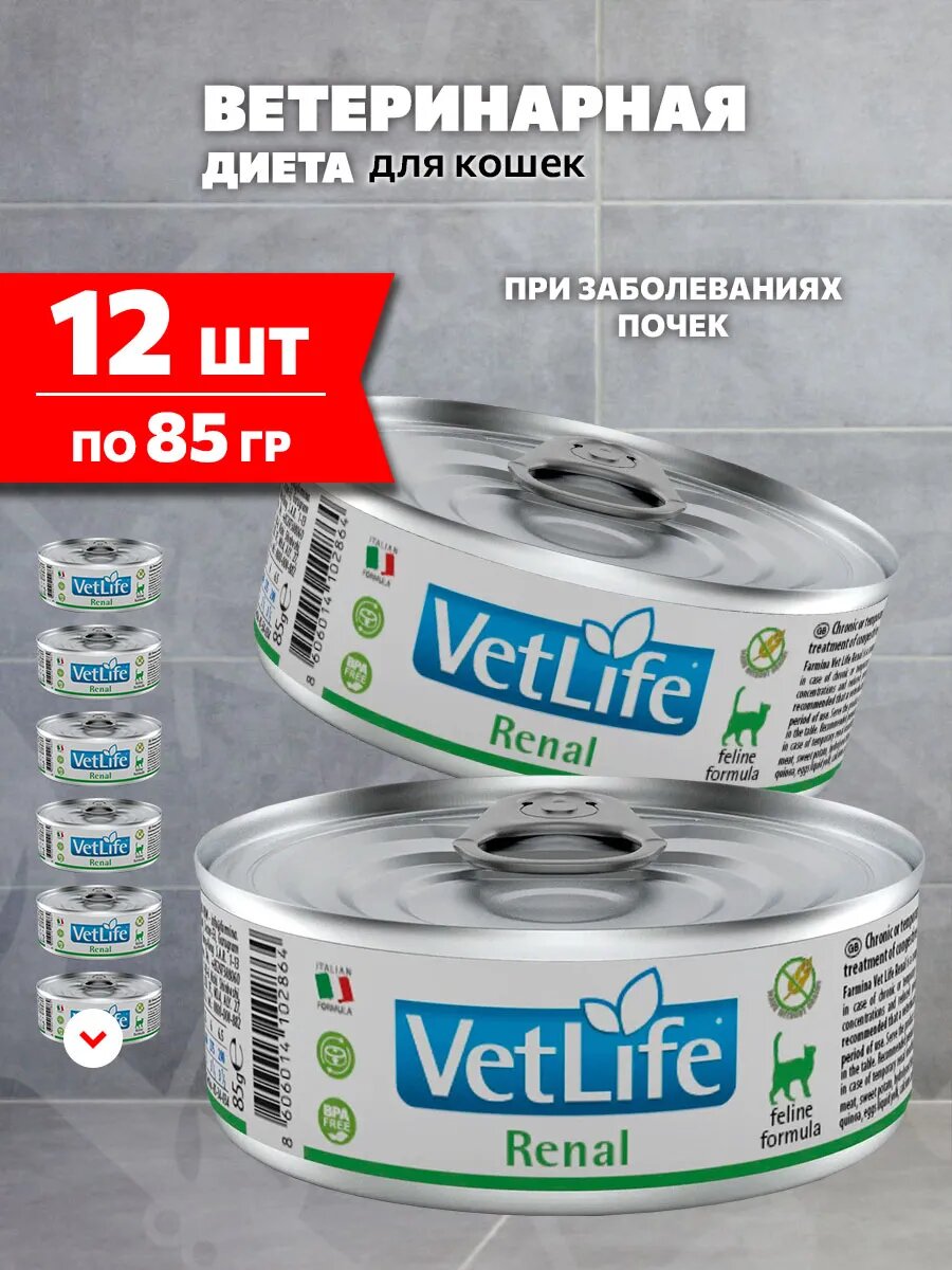 Корм влажный Farmina Vet Life Feline Renal для взрослых кошек при заболеваниях почек, 85 г 12 шт