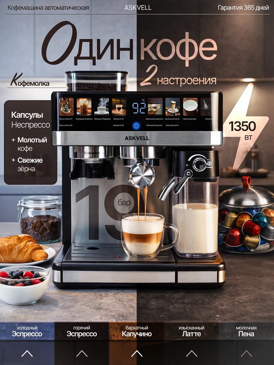 Кофемашина автоматическая 2 в 1 с капучинатором капсульным рожком