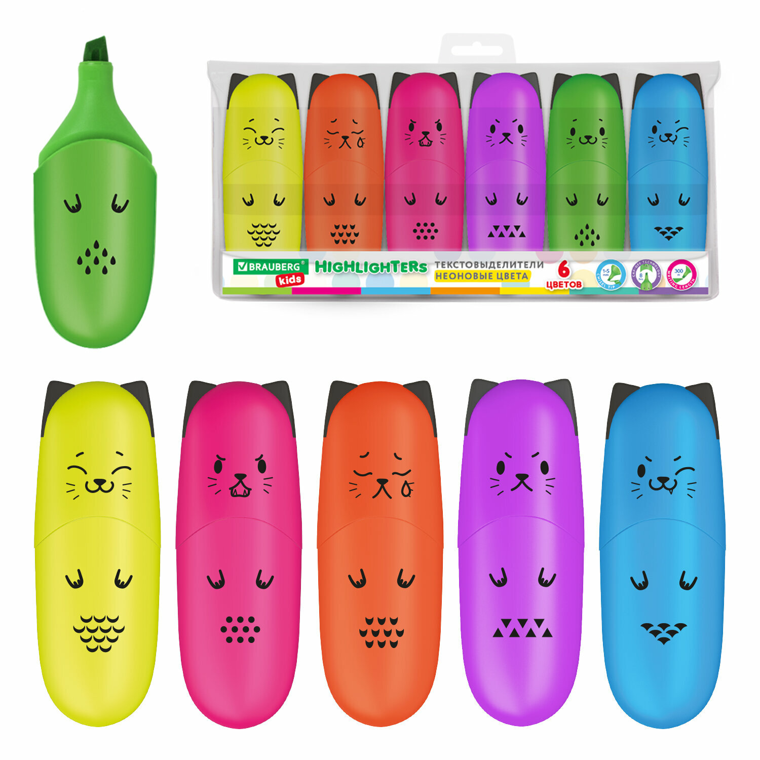 Brauberg Набор текстовыделителей мини 6 цветов Kids Cute Cats Neon 1-5 мм 152435
