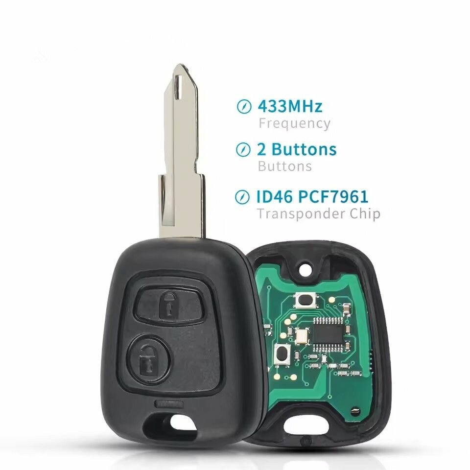 Дистанционный ключ 2 кнопки 433 МГц для Peugeot 206 2003-2009 с чипом PCF7961, лезвием и батареей