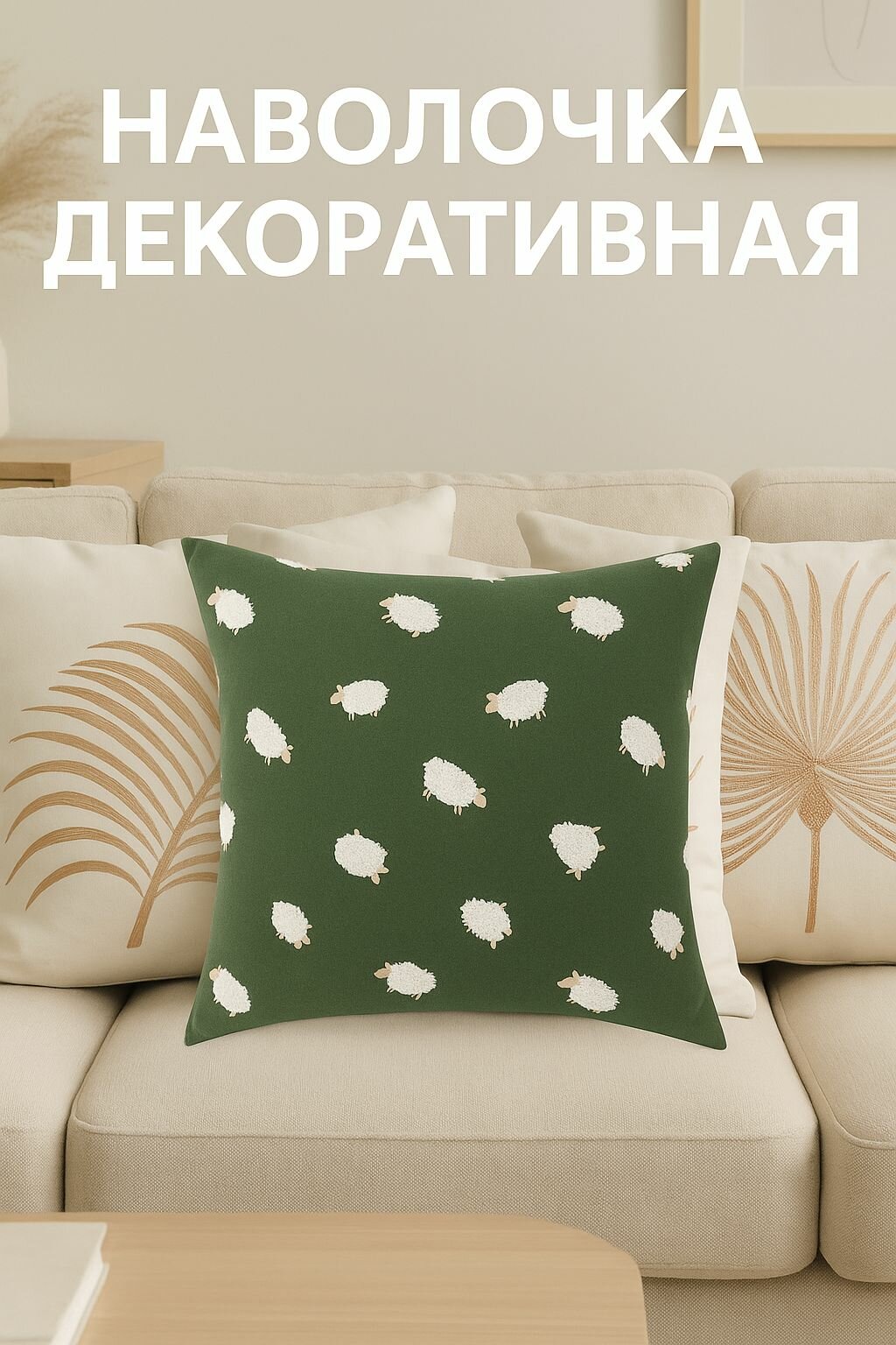 Наволочка декоративная TODELIA "Овечки-2" 45х45 см, зеленая