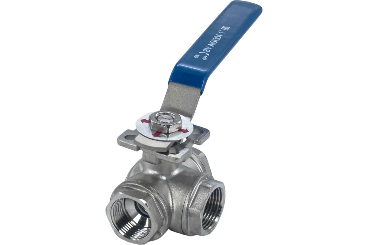 Кран шаровый трехходовой T‑тип NEWKEY AISI304 DN25 (1”) CF8 PN64 нержавеющая сталь для воды и воздуха с рычагом, 150 °C, 64 бар, синий флажок