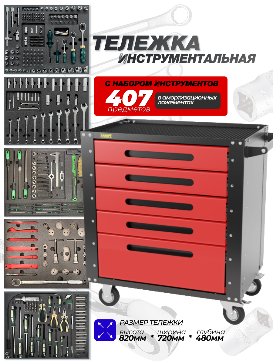 Тележка с комплектом профессионального инструмента Rock Force 407 предметов в ложементах