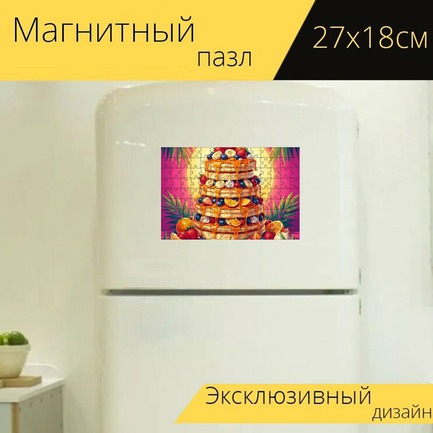 Магнитный пазл "Фруктовые панкейки с сиропом. Аппетитная композиция из высокой стопки блинчиков с карамельным сиропом, ягодами, цитрусами и бананами." на холодильник 27 x 18 см.