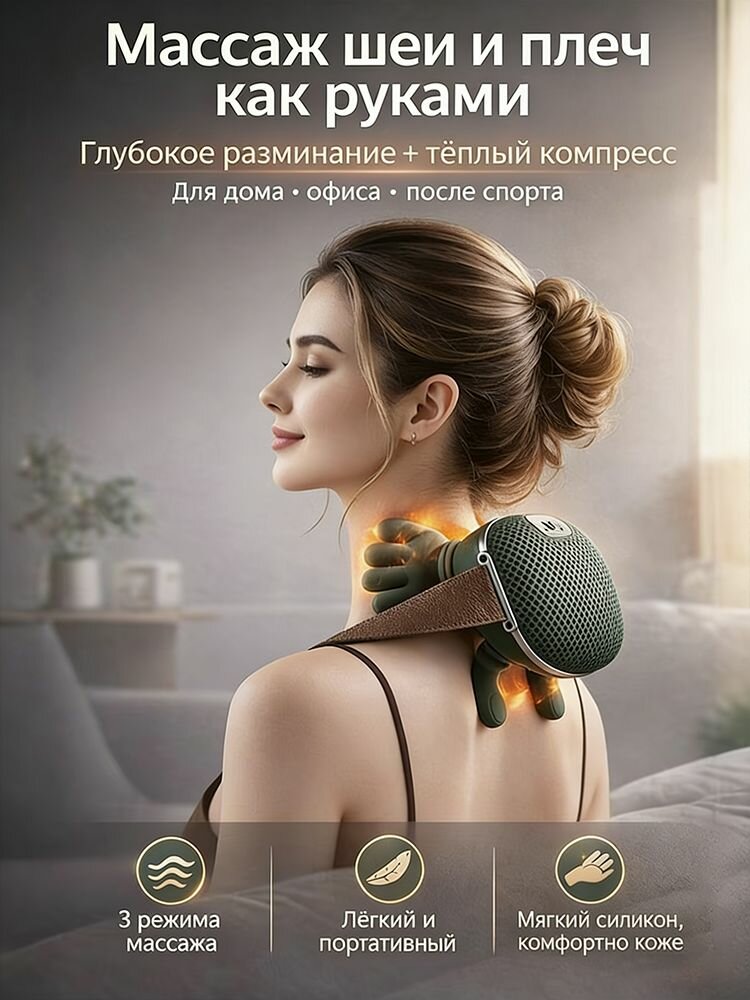Массажер для шеи и плеч с подогревом, 3 режима, глубокий разминающий массаж, для офиса, водителей, после спорта, портативный