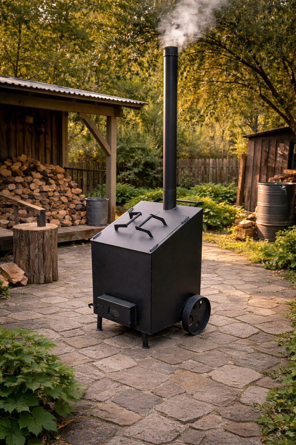 Печь для сжигания SIMPLE GRILL, 200л с двумя дверцами, металл, черная, на колесах