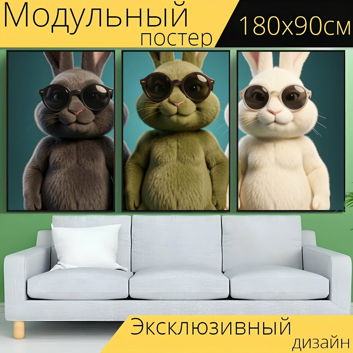 Модульный постер "Три кролика в очках. Забавные пушистые зайцы в стильных солнцезащитных аксессуарах, 3D иллюстрация на бирюзовом." 180 x 90 см. для интерьера на стену в тубусе