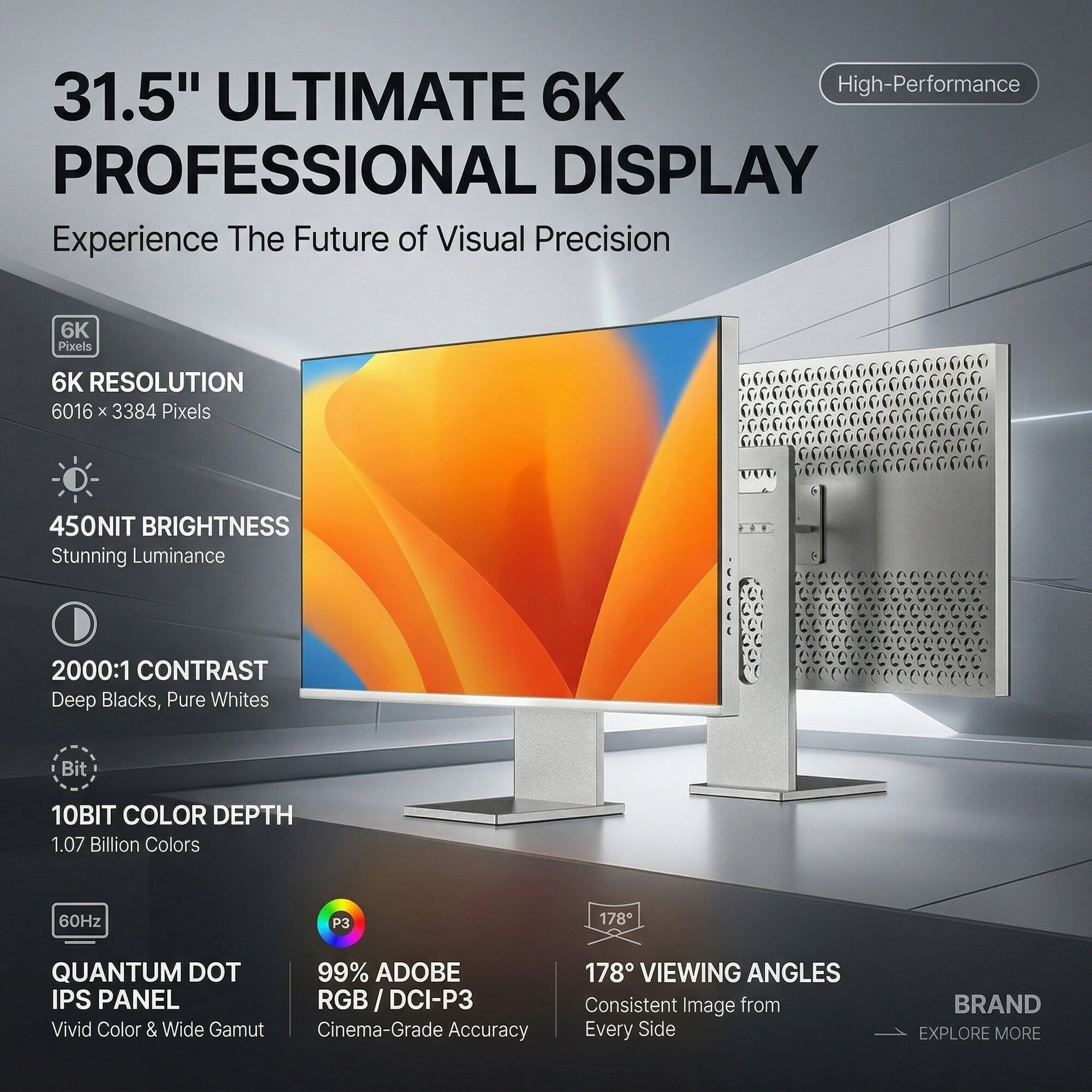 32" Монитор 6K: алюминиевый корпус с перфорированной системой охлаждения, 450 кд/м²