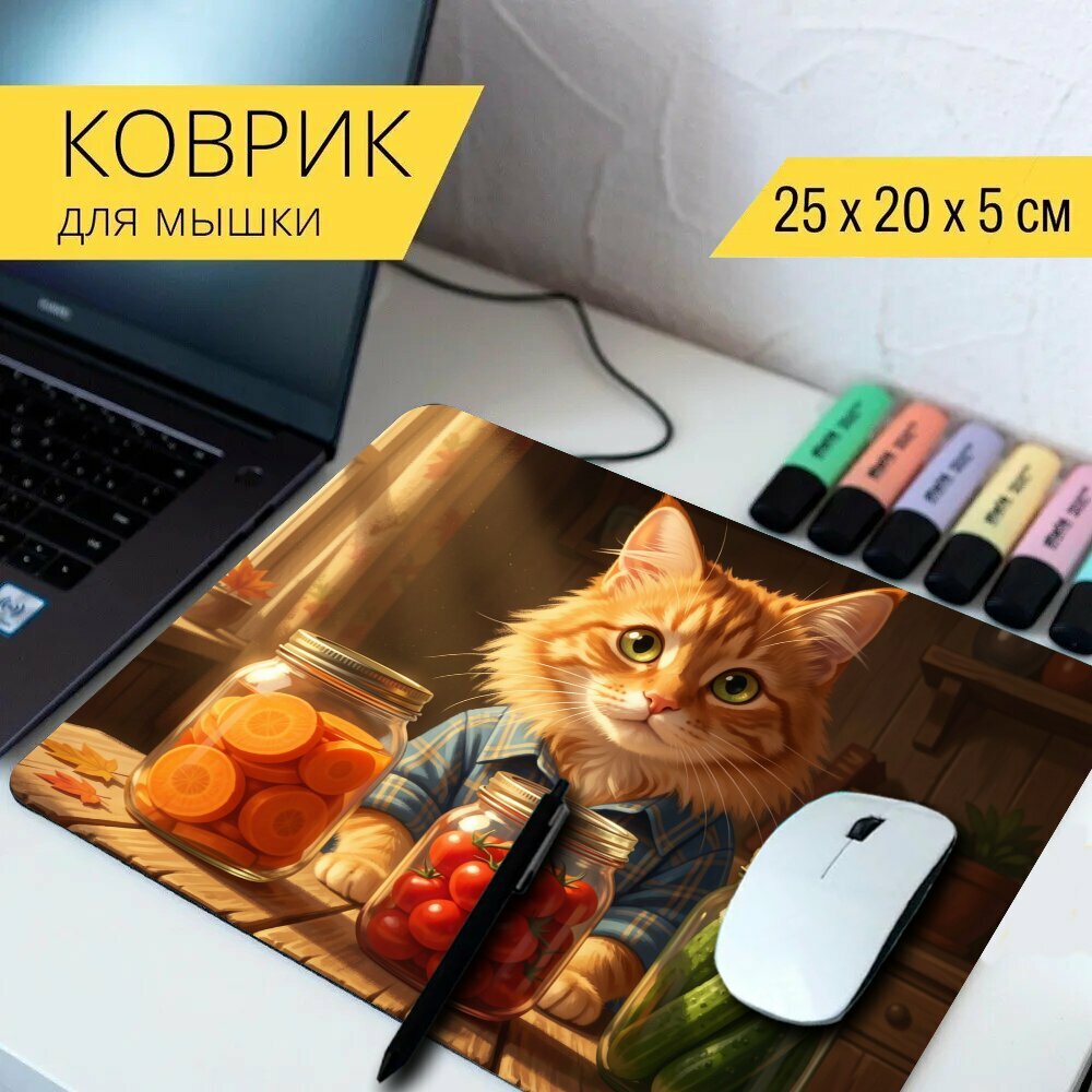 Коврик для мыши с принтом "Рыжий кот с банками овощей. Пушистый полосатый питомец в синей рубашке сидит за деревянным столом на уютной кухне. Стеклянные банки с морковью." 25x20см.