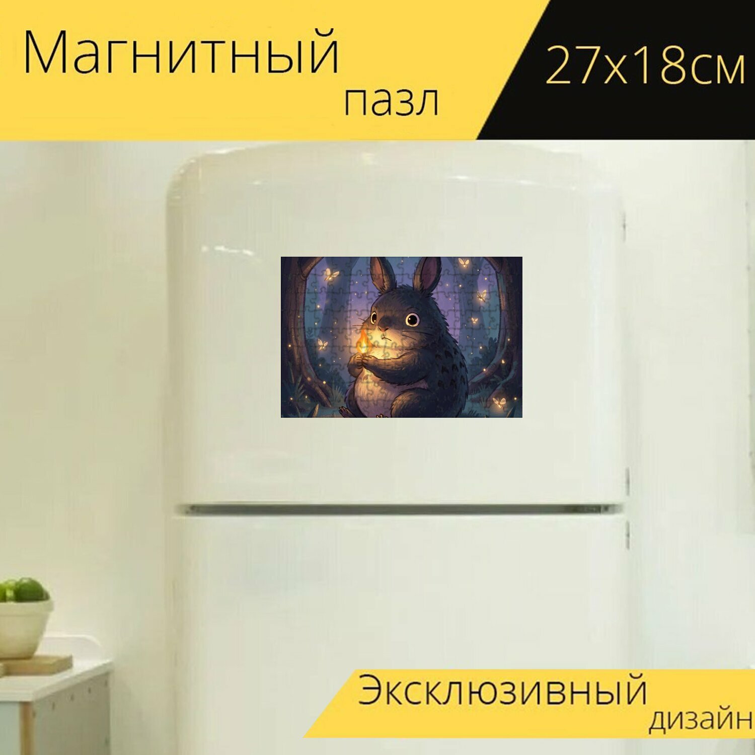 Магнитный пазл "Милый кролик с огоньком. Сказочный зайчонок в ночном лесу держит пламя в лапках. Волшебная цифровая иллюстрация в синих, фиолетовых и." на холодильник 27 x 18 см.