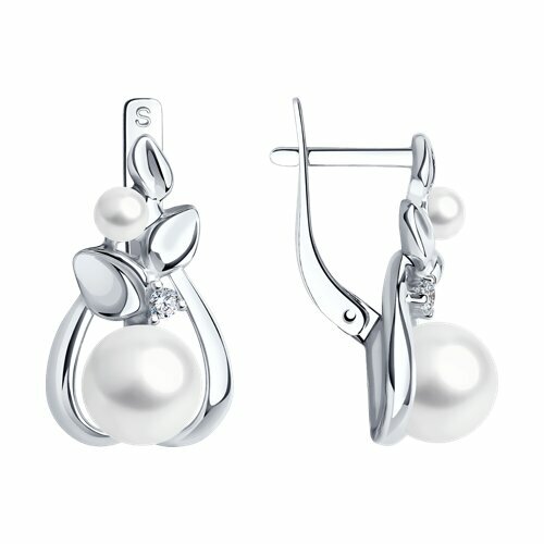 Серьги, серебро, 925 проба, родирование, фианит, жемчуг имитация