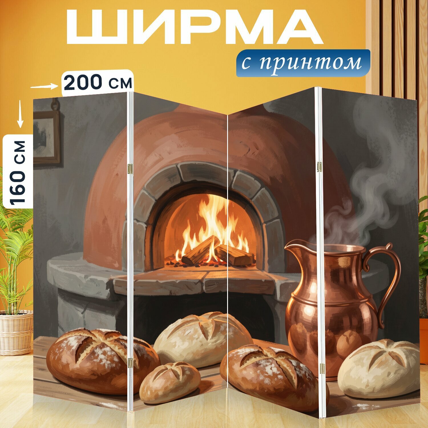 Ширма "Деревенская печь с хлебом. Уютный натюрморт в rustic стиле: свежеиспечённые буханки на деревянном." перегородка для зонирования комнаты с принтом 200x160 см. на холсте