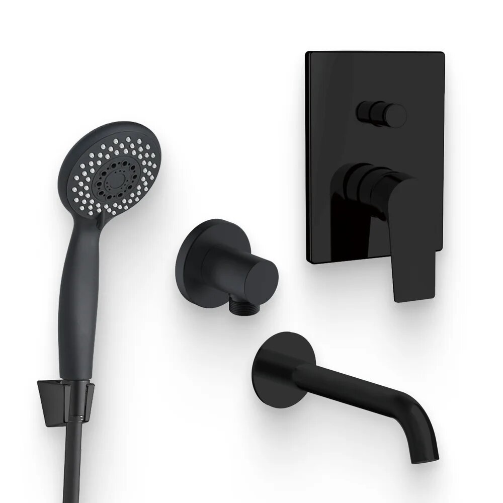 Душевой комплект Смеситель Aquanet Static AF330-51B С внутренней частью, чёрный / Душевая лейка AF000-07B чёрная матовая / Подключение AF330-92B чёрное матовое, Излив AF330-98B для ванны, чёрный мато
