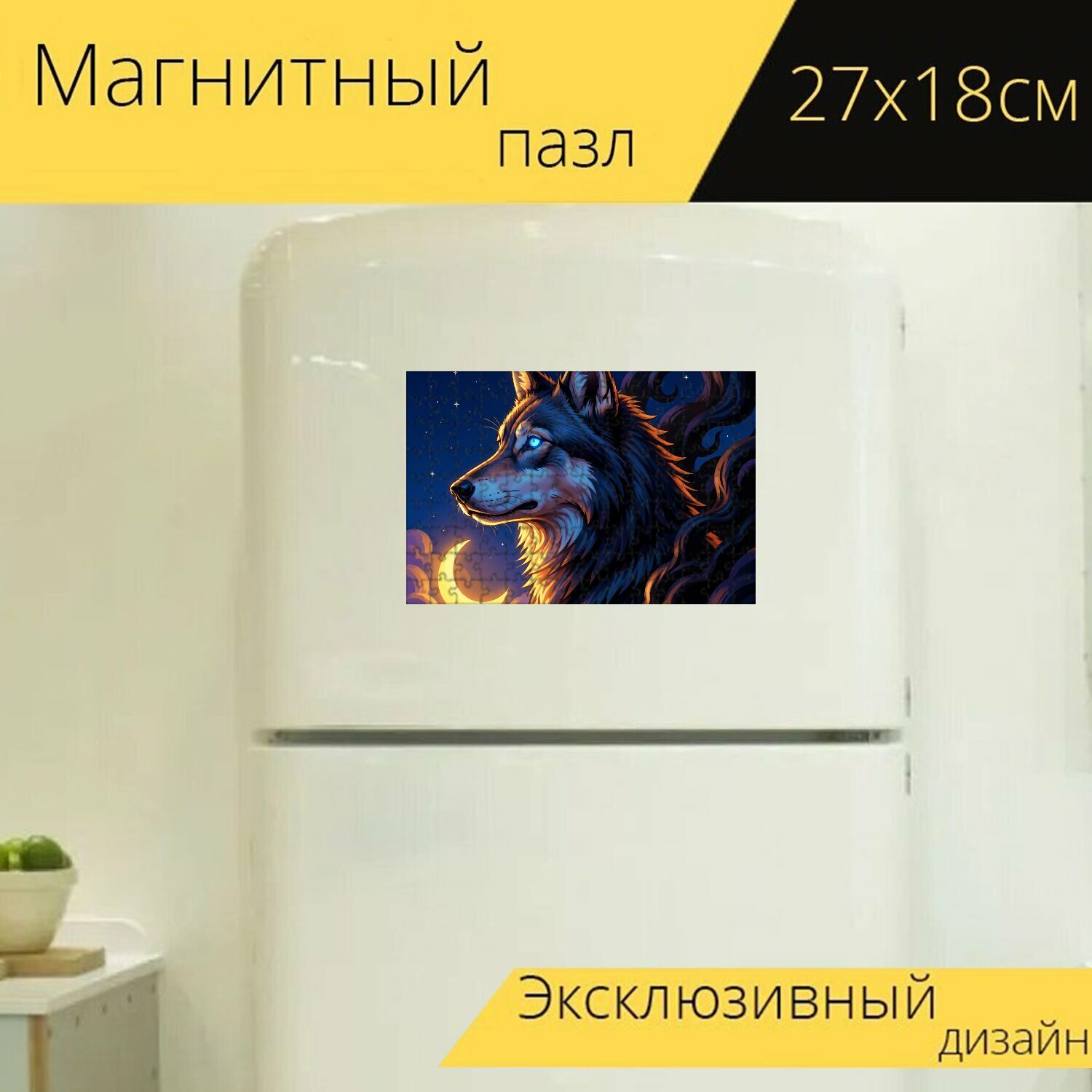 Магнитный пазл "Волк под ночной луной. Мистический лесной хищник в профиль на фоне звездного неба и месяца, цифровая иллюстрация в синих, фиолетовых и." на холодильник 27 x 18 см.