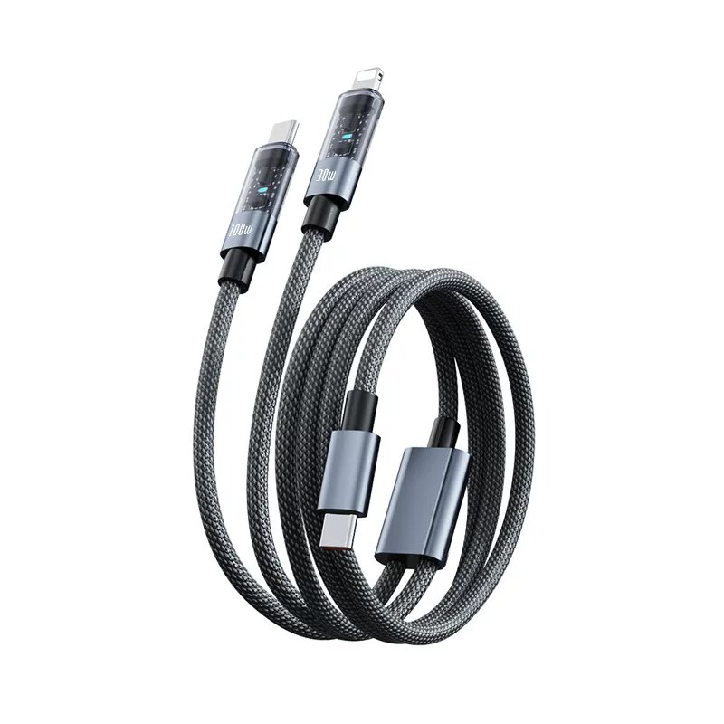 Кабель для зарядки 100 Вт 2 в 1 с брелоком для iPhone 16 Pro Max и Huawei, 1.2 м, прозрачный конец, порты Type-C и