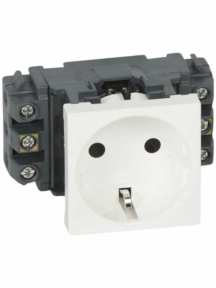 Розетка 2К+З, 10/16 А 250 В для монтажа на кабель-каналах с винтовыми зажимами с механической блокировкой, немецкий стандарт, 2 модуля. Цвет Белый. Legrand MOSAIC 077601