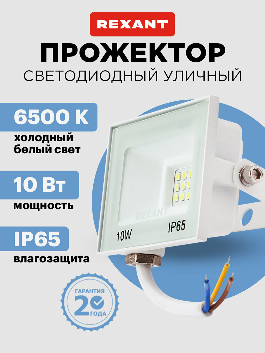 Светодиодный уличный прожектор REXANT 10Вт IP65 белый фонарь 6500К