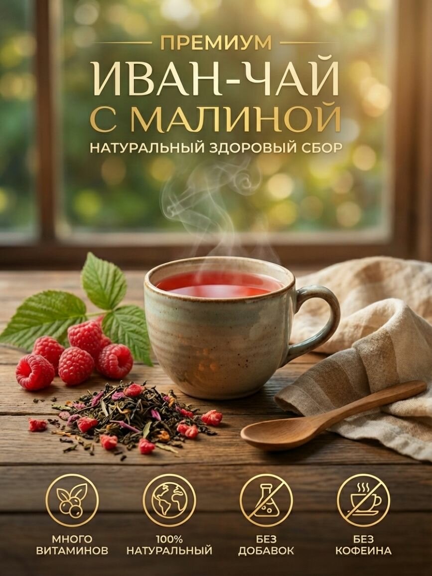 Чай Иван-чай ферментированный с малиной, листовой натуральный травяной, с ягодами, в подарок, 100 г