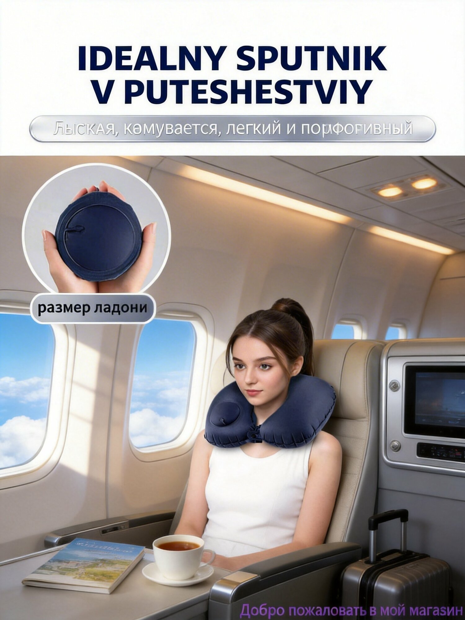 Подушка для шеи, складная надувная для путешествий и поездок — лёгкая и удобная для хранения, подходит для авто и самолёта