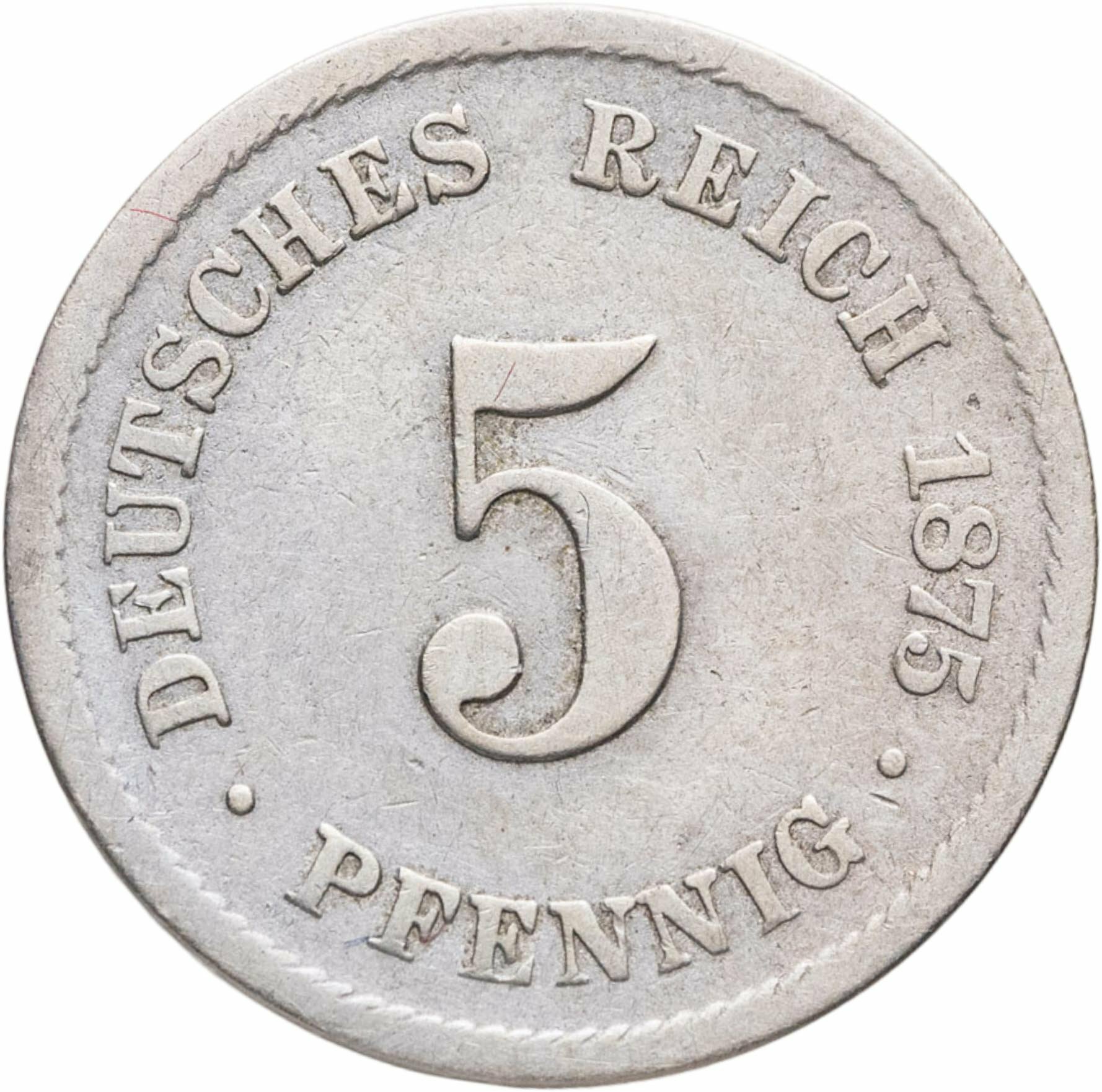 Германия 5 пфеннигов pfennig 1875 B знак монетного двора: "B" - Ганновер, Мельхиор медь-никель, в сохранности VF