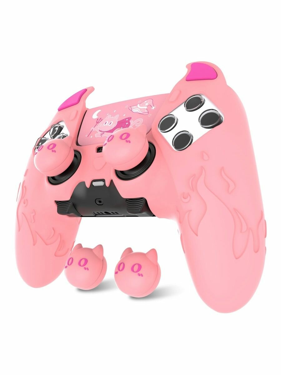 PlayVital Чехол силиконовый для PS5 DualSense Edge Demon Розовый, антискользящий, с накладками на стики и стикером силиконовый антискользящий для геймпада накладки на стики