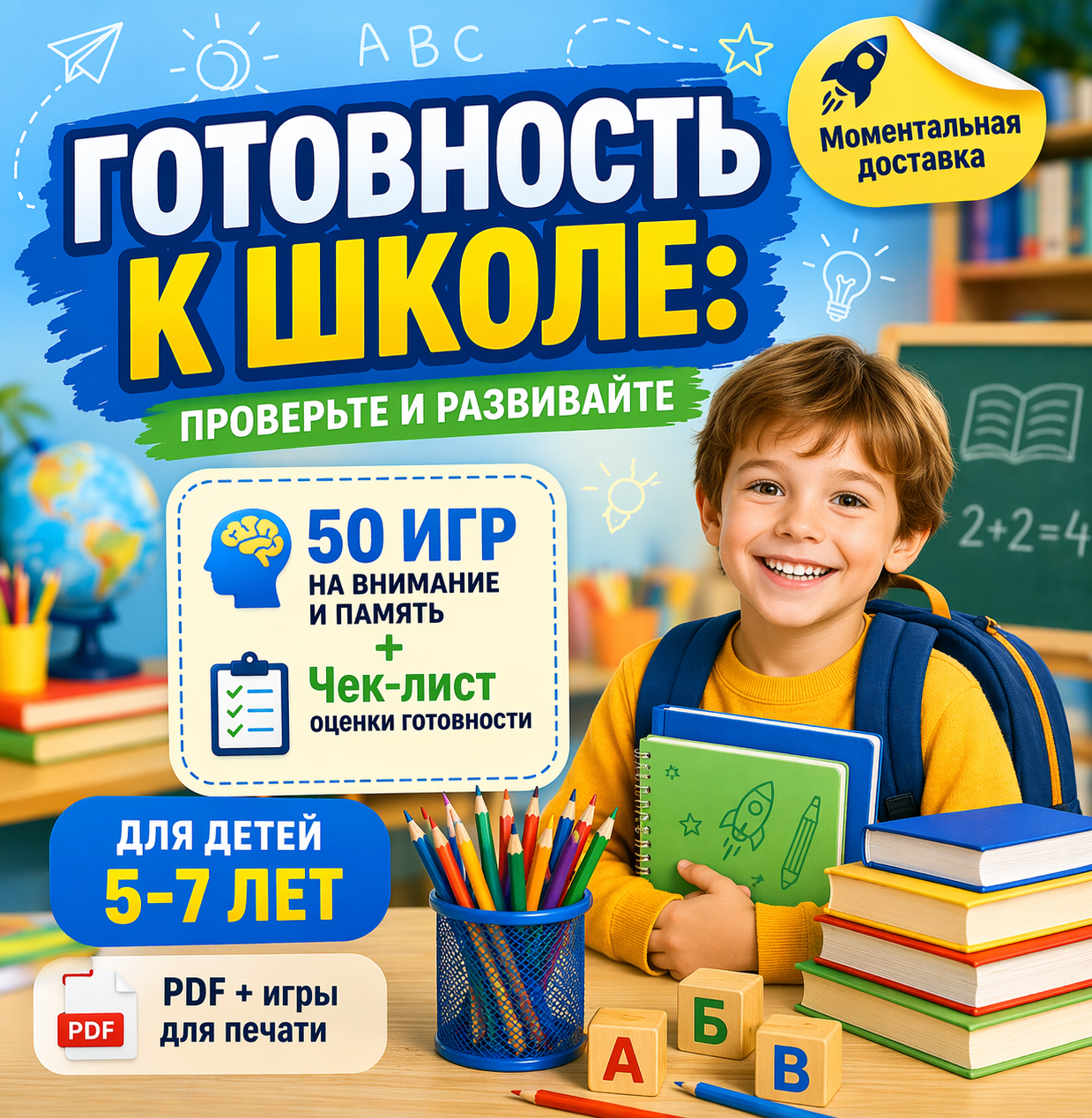 Чек-лист «Готовность к школе» + 50 игр на внимание и память. Методическое пособие для детей 5-7 лет. PDF + распечатки