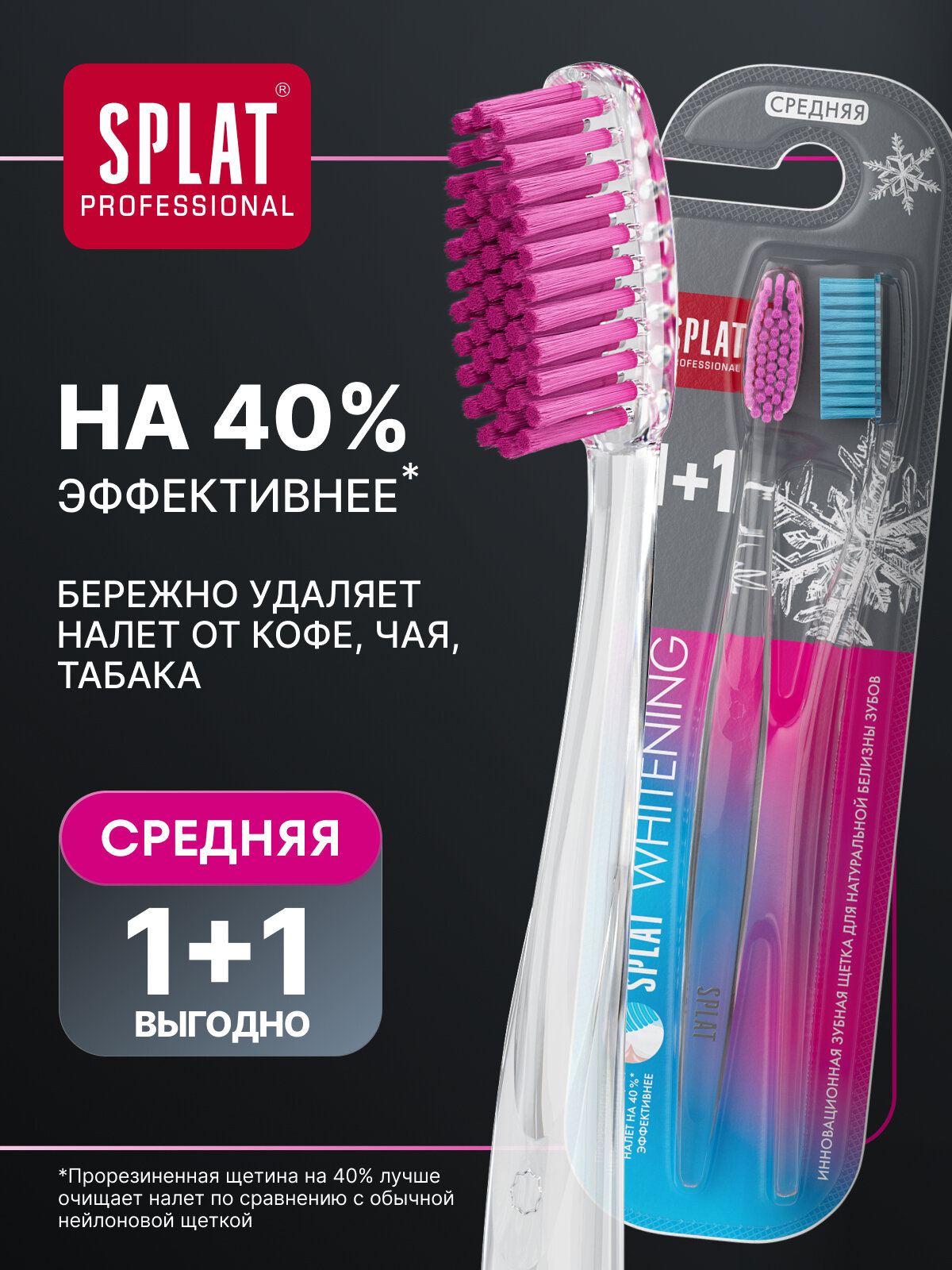 Зубная щетка SPLAT Professional WHITENING для отбеливания зубов, средняя, набор 2 шт.