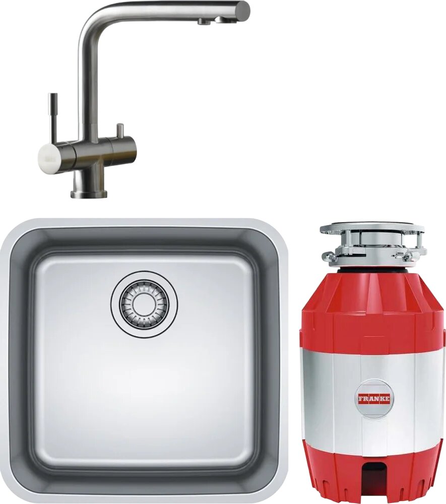 Комплект Мойка Franke Bell ВСX 110-42 45x44, нержавеющая сталь / Смеситель Atlas Clear water нержавеющая сталь, нержавеющая сталь / Измельчитель Turbo Elite TE-75 электрический, нержавеющая сталь