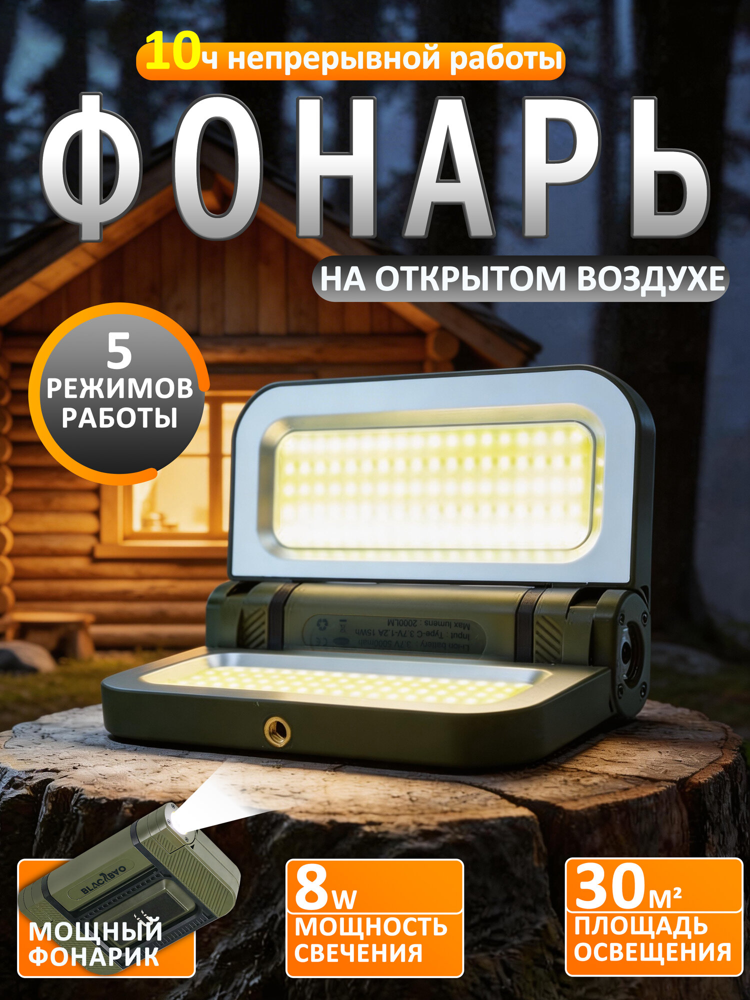 Распродажа Фонарик аккумуляторный складной, 5 режимов освещения, поддержка зарядки через USB и от солнечной энергии, в комплекте магнитный держатель и зажим, яркость 2000 люмен