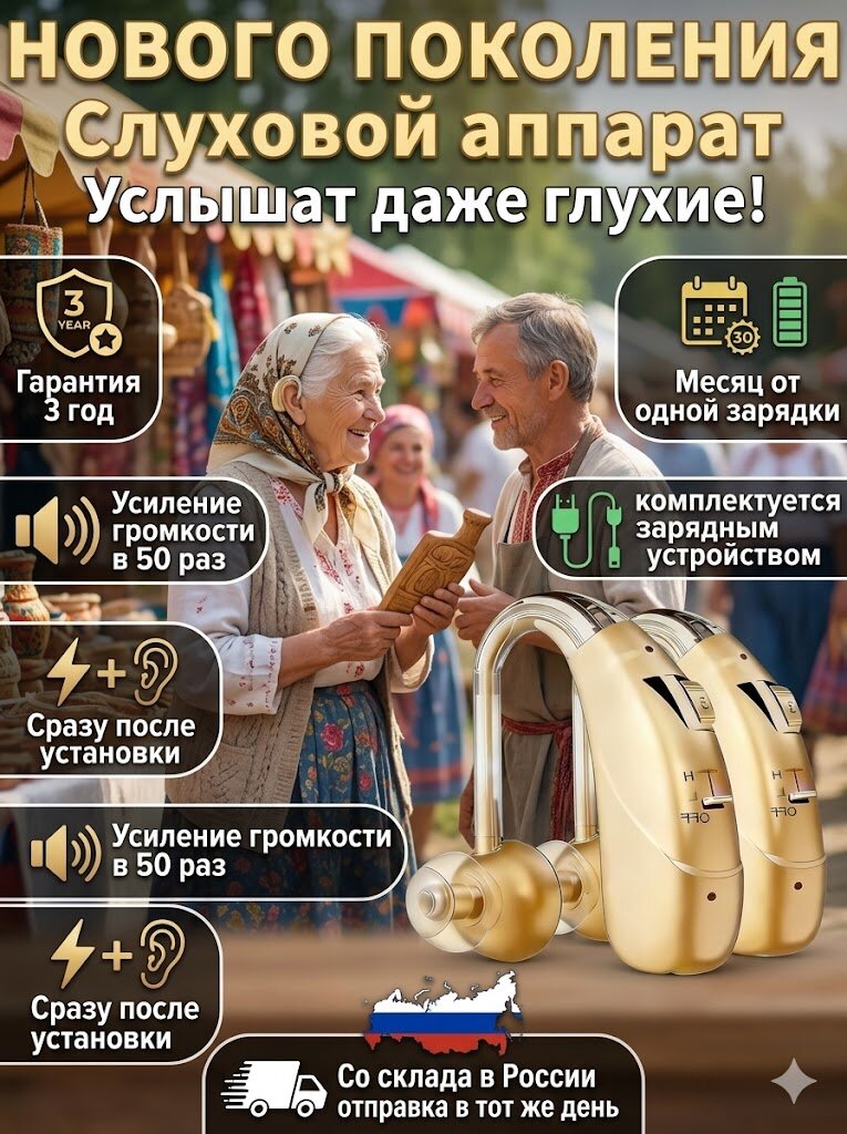 Накладной слуховой прибор с зарядным устройством для пожилых и взрослых