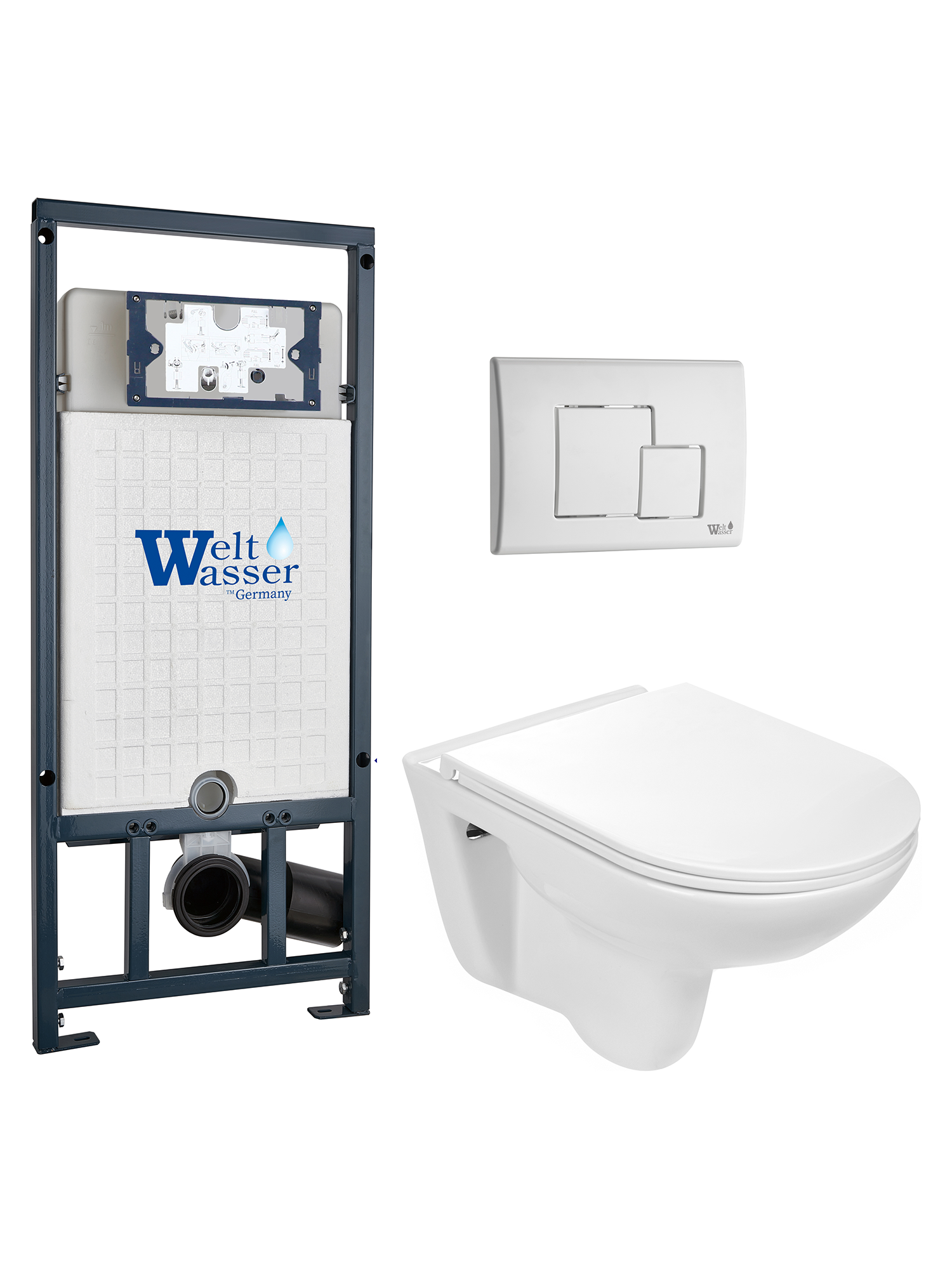 Комплект 3 в 1 Унитаз приставной WeltWasser BAARBACH 004 GL-WT безободковый+Инсталляция MARBERG 507 с кнопкой MAR 507 SE GL-WT белая глянцевая