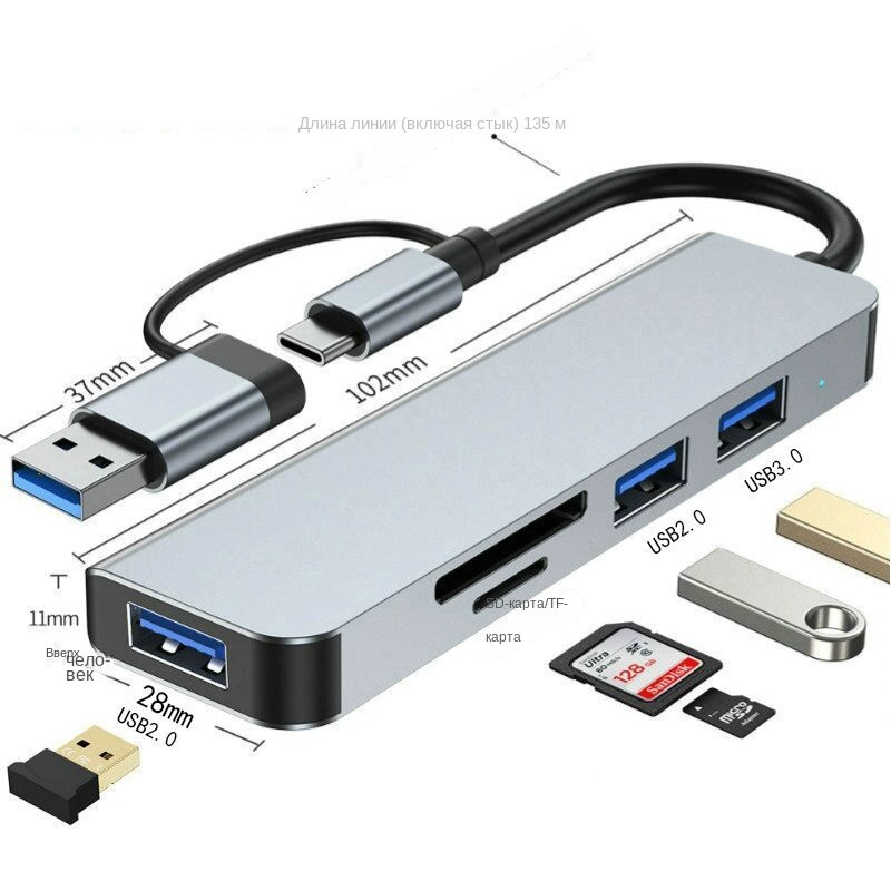 Разветвитель тип-Си 5 в 1 с поддержкой HDMI 4K и портами USB для ноутбука Mac Windows универсальный адаптер