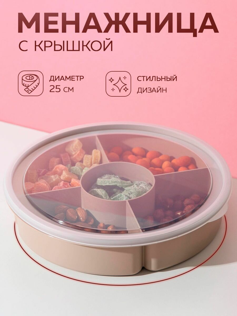 Менажница с крышкой IDEA, 5 секций, размер 25 см х 5 см, пищевой пластик, цвет капучино