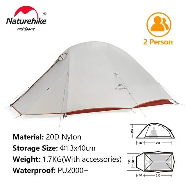 Палатка Naturehike CloudUp 2 Upgraded Pro для 2 человек, 20D водонепроницаемая, для отдыха на открытом воздухе, походов, ультralегкая, для пары, серый
