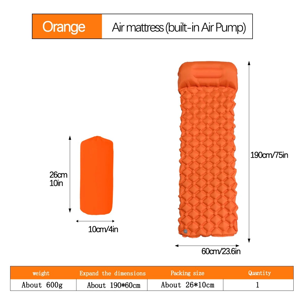 Ультralight Waterproof Inflatable Camping Sleeping Pad Air Sleeping Mat for Backpacking Hiking Travel Camping Outdoor-Оранжевый