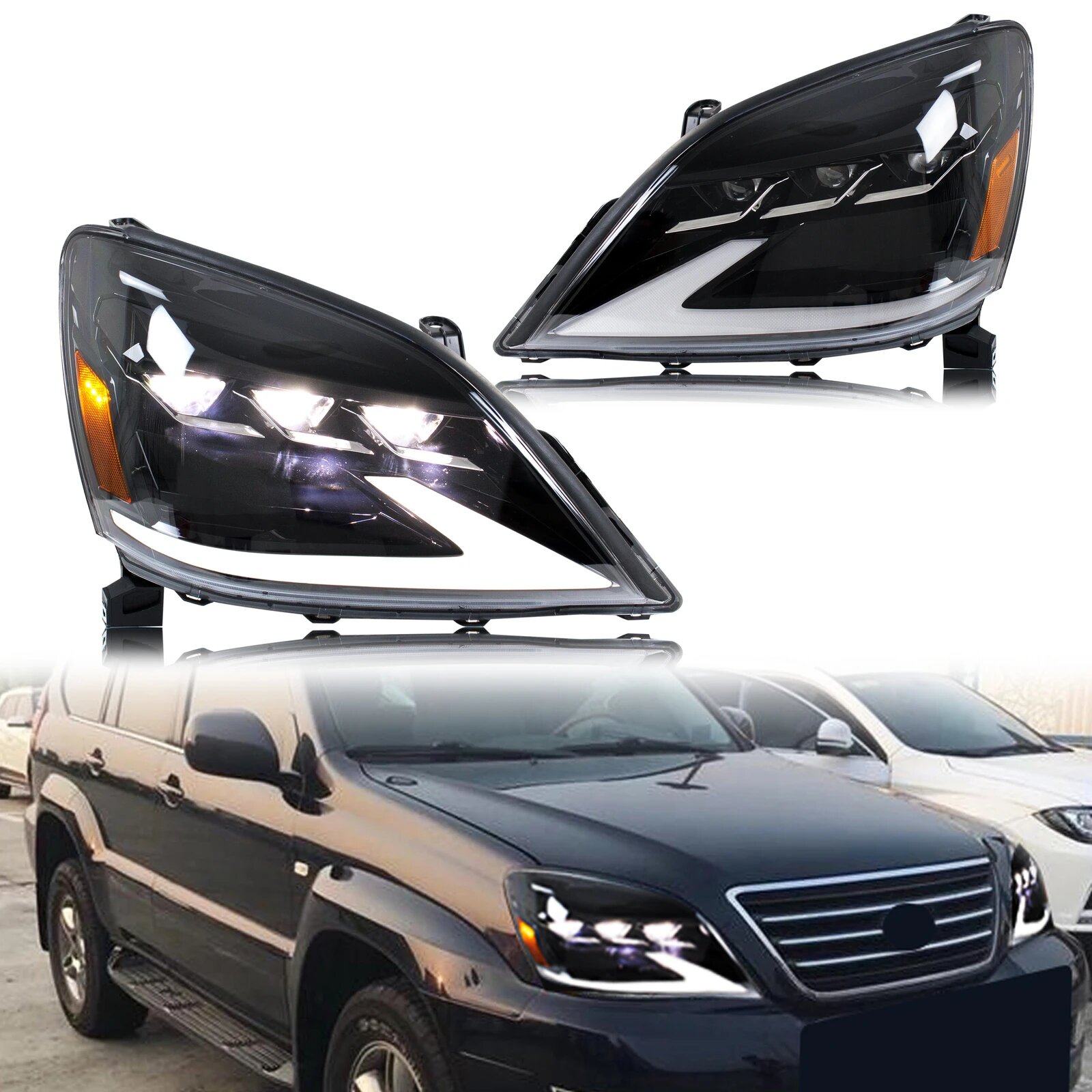 Фары LED для Lexus GX470 2003-2009 с тройным проектором, последовательным индикатором и анимацией запуска, сборка передних фонарей