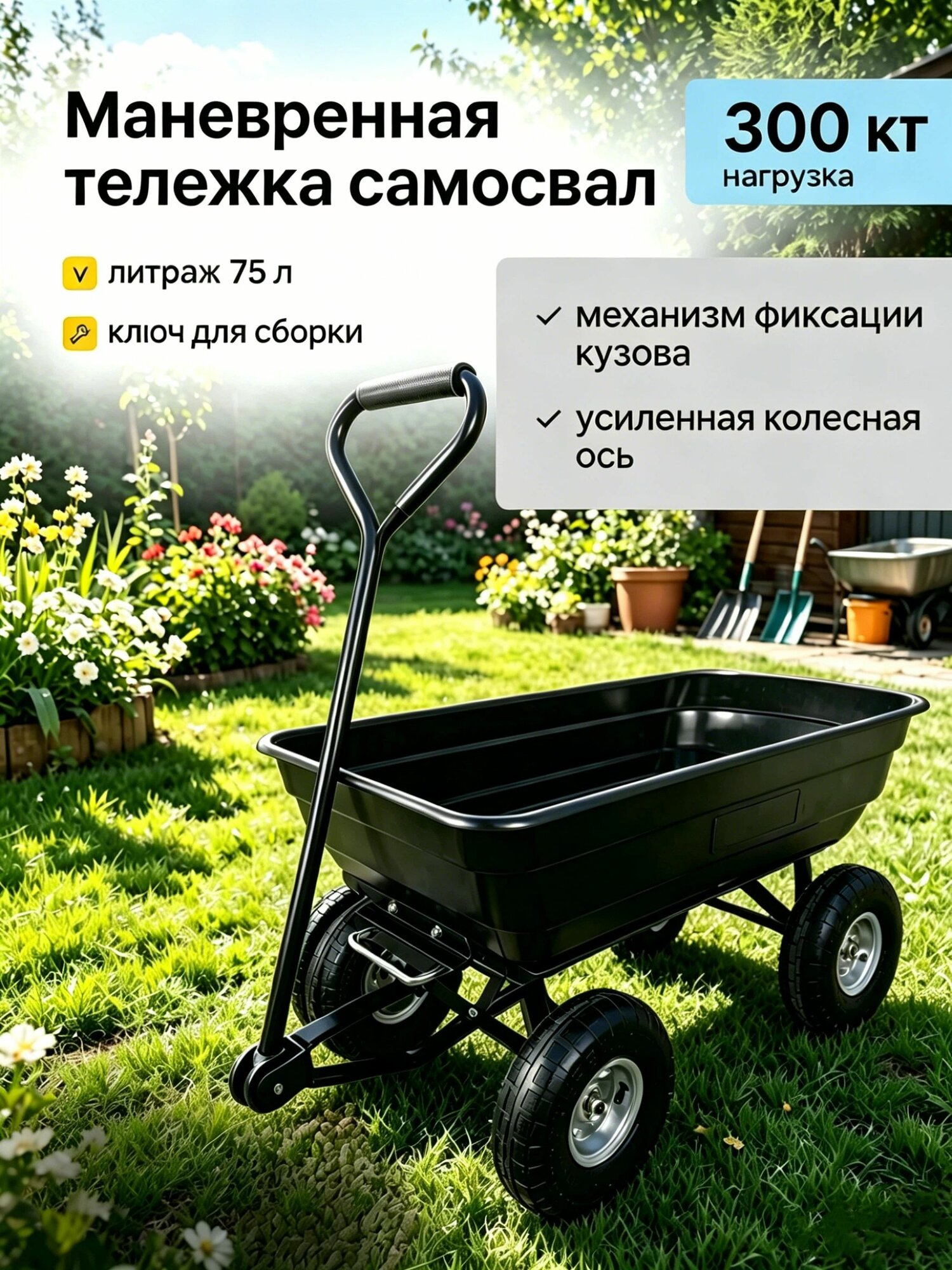 Тележка садовая грузовая на 4 колесах ТКЧ 300
