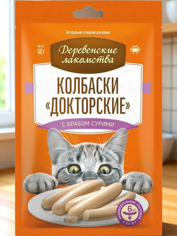 Деревенские лакомства для кошек Колбаски "Докторские" с крабом сурими, 60 гр , 1 уп.
