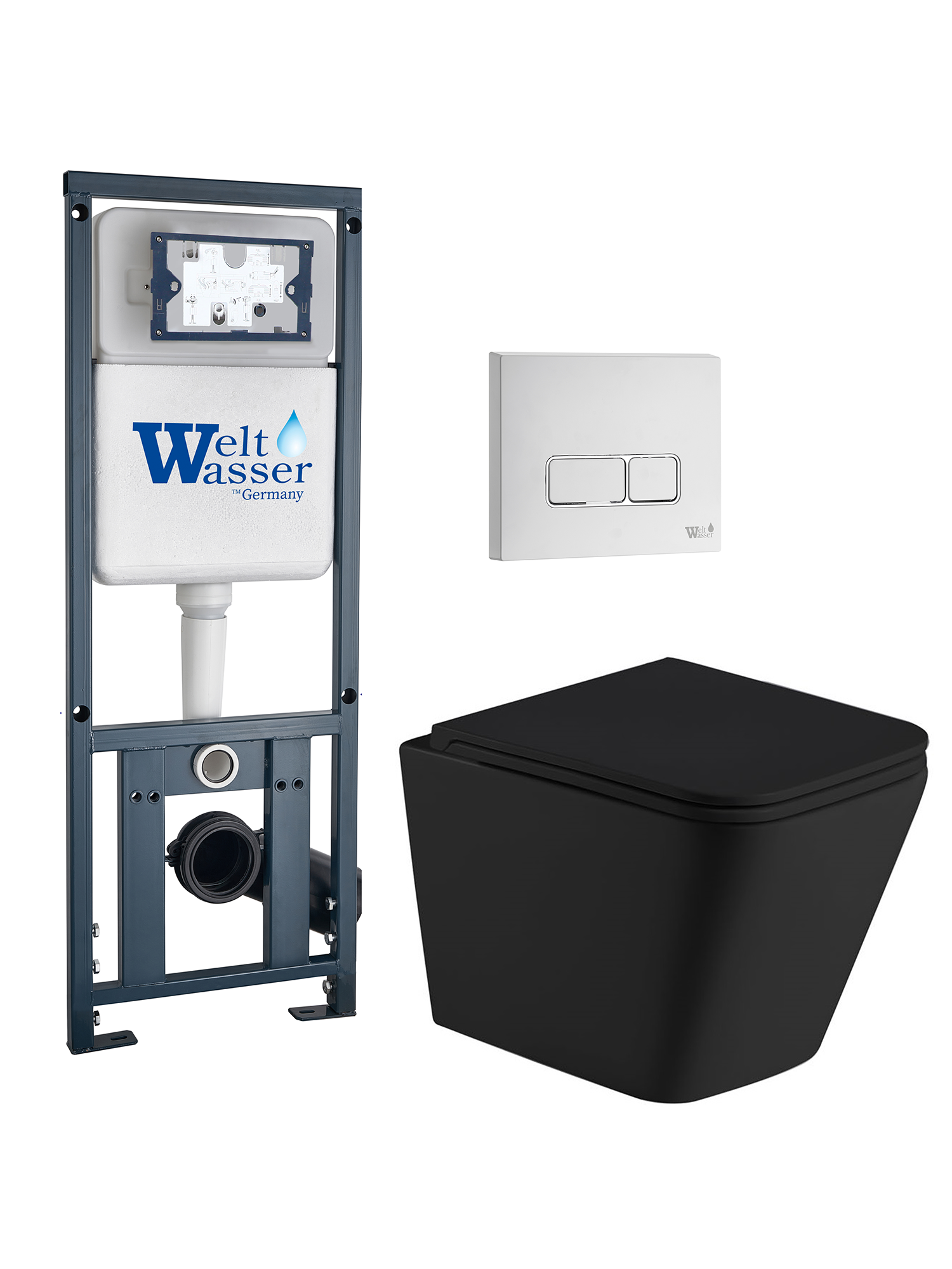 Комплект 3 в 1 Унитаз подвесной WeltWasser GELBACH 043 MT-BL безободковый+Инсталляция MARBERG 410 с кнопкой MAR 410 SE GL-WT белый глянец