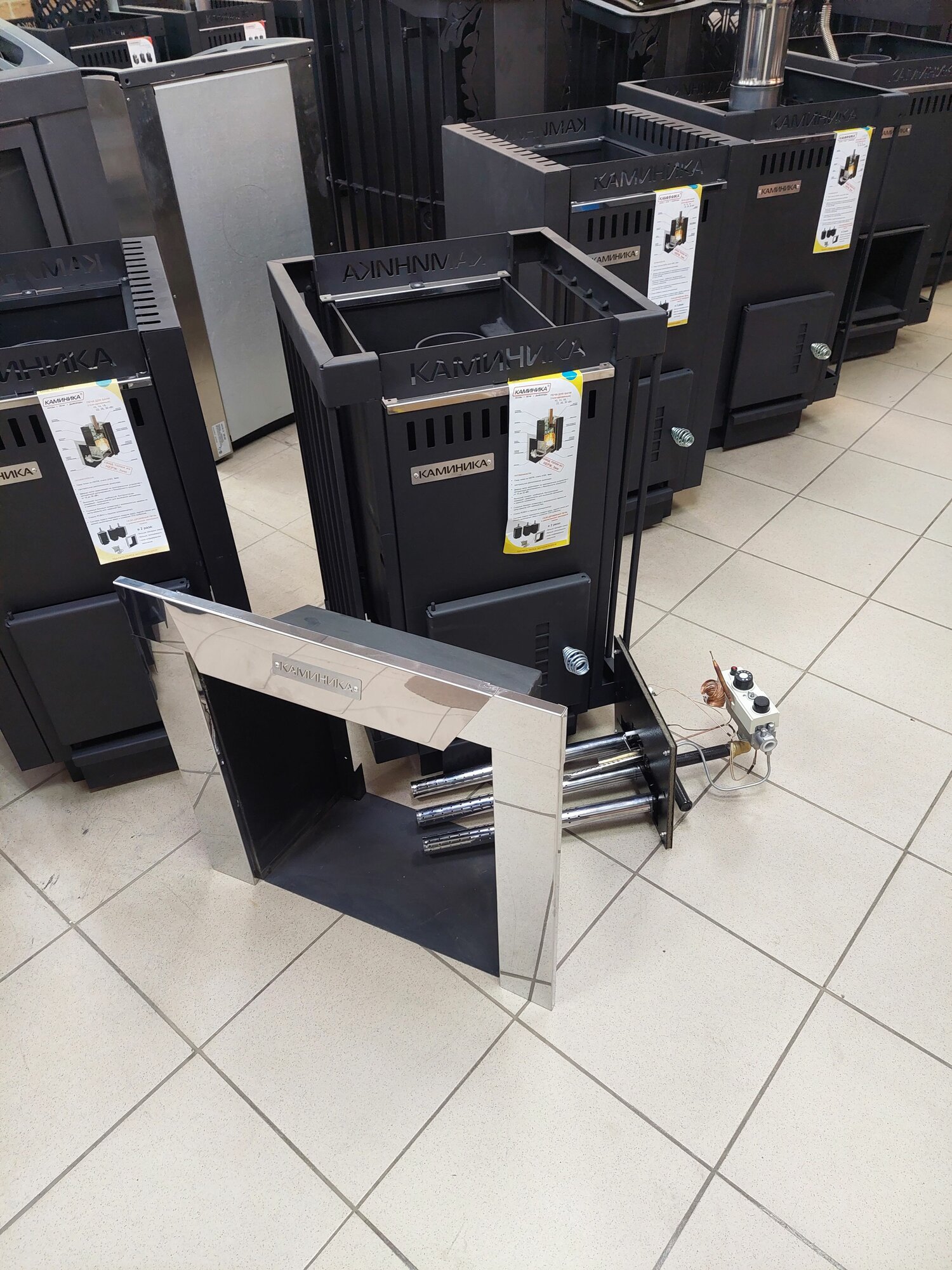 Печь банная "Каменика Steel" ПБ-18-сетка Т/ГГУ, (с газовой горелкой, выносным тоннелем, топкой из нержавейки)