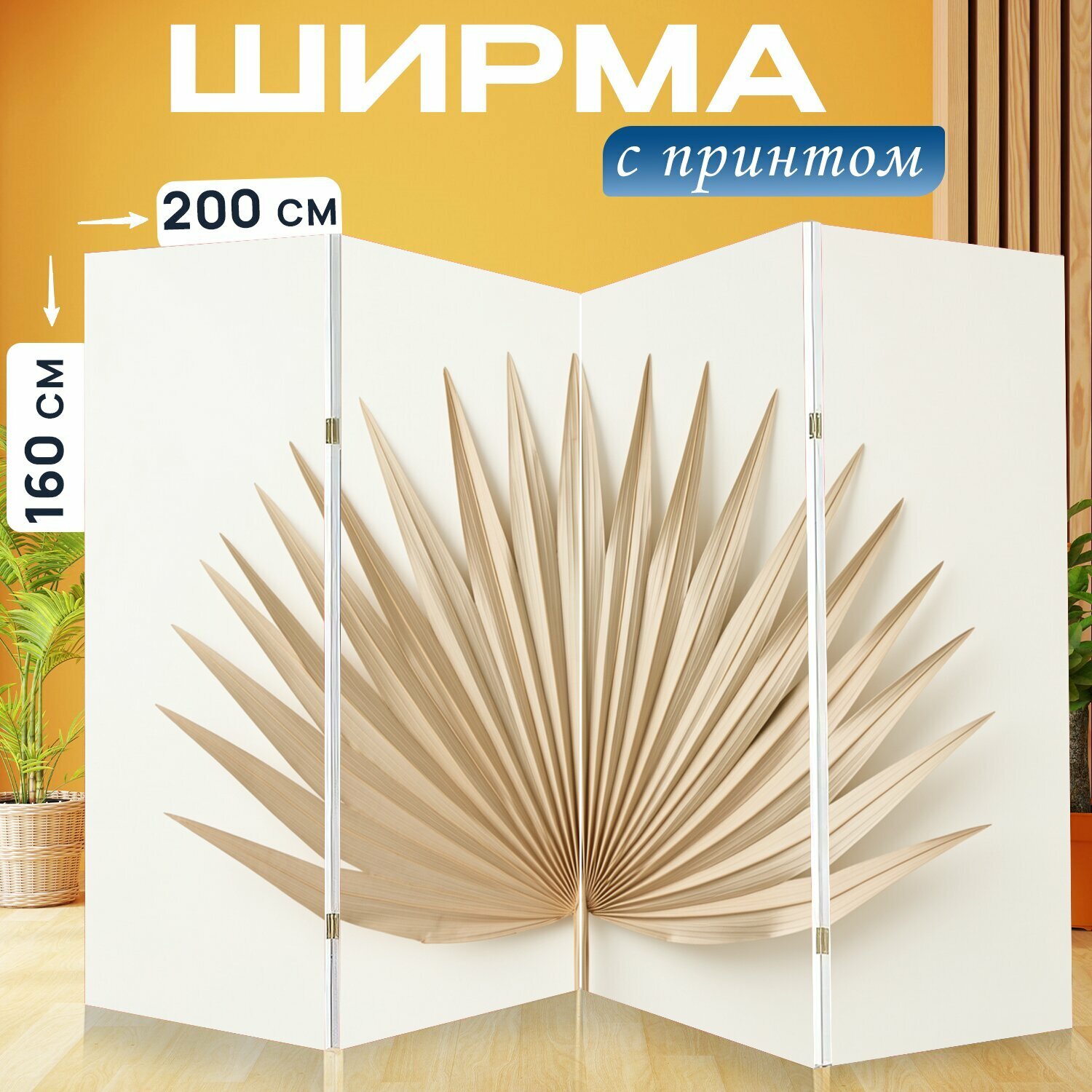 Ширма "Сухой веерный лист пальмы. Минималистичная ботаническая композиция с высушенной тропической ветвью на." перегородка для зонирования комнаты с принтом 200x160 см. на холсте
